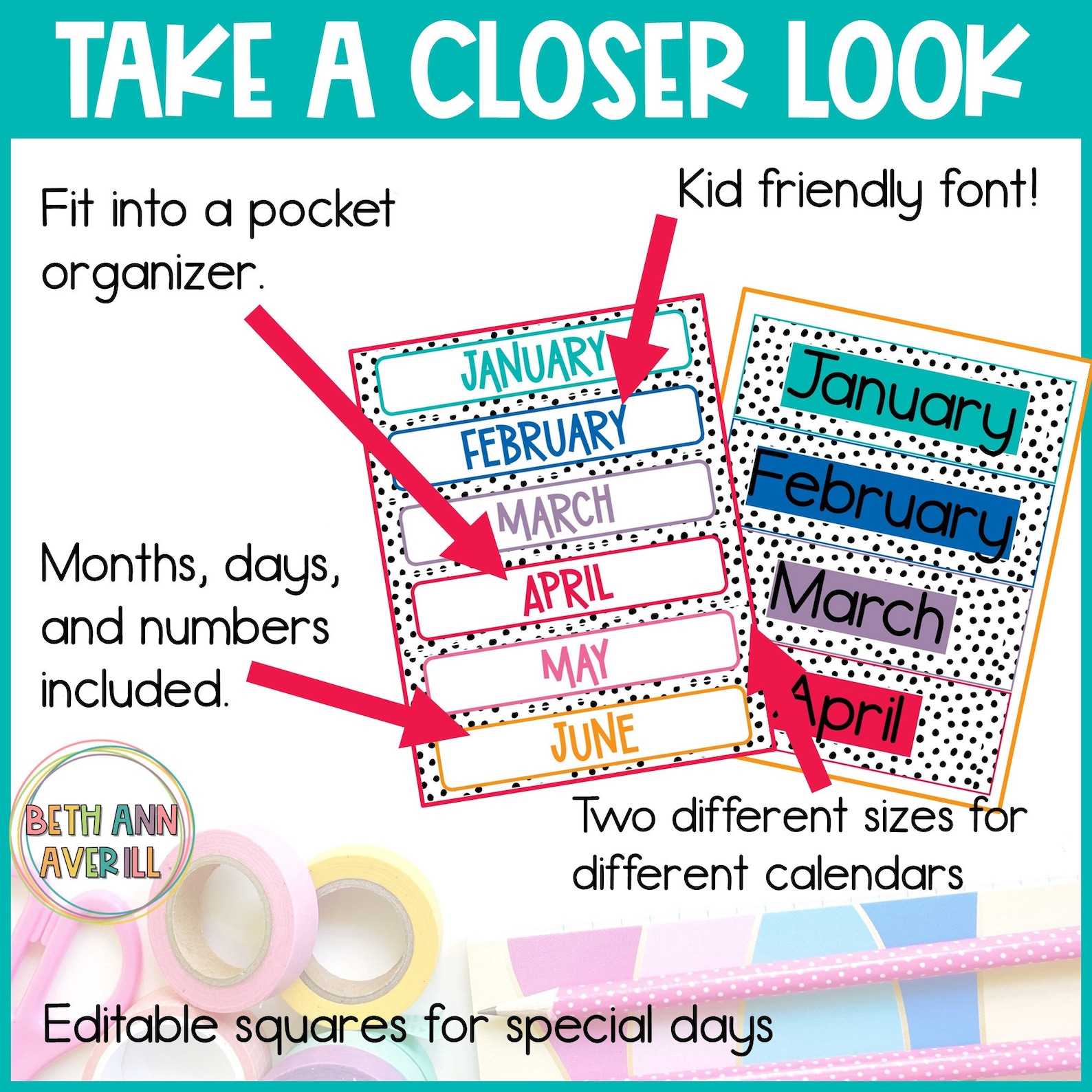 Rainbow Pop and Dots Calendar Squares That Fit Into Pocket Organizers ...