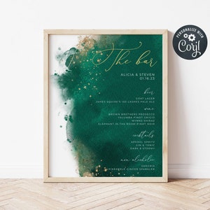 Emerald Watercolor Bar Menu Template Printable Hunter Green & - Etsy