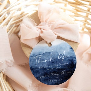 Navy Watercolor Baby Shower Round Gift Tag Template, Printable Circle ...