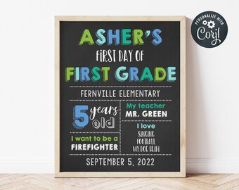 Editable Blue First Day of School Chalkboard Sign Reusable - Etsy