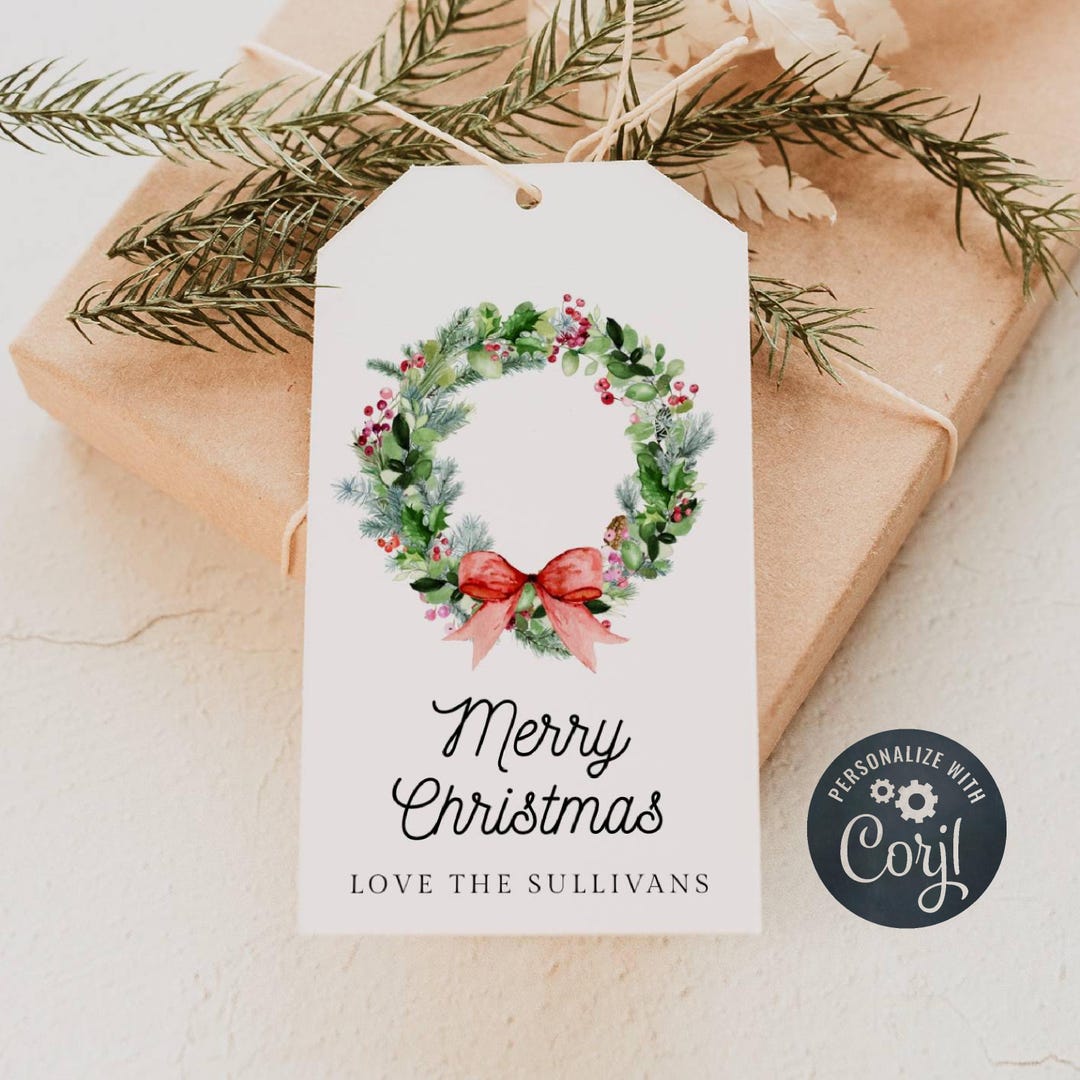 Christmas Wreath Gift Tag Template, Printable Holiday Party Favor Tag ...