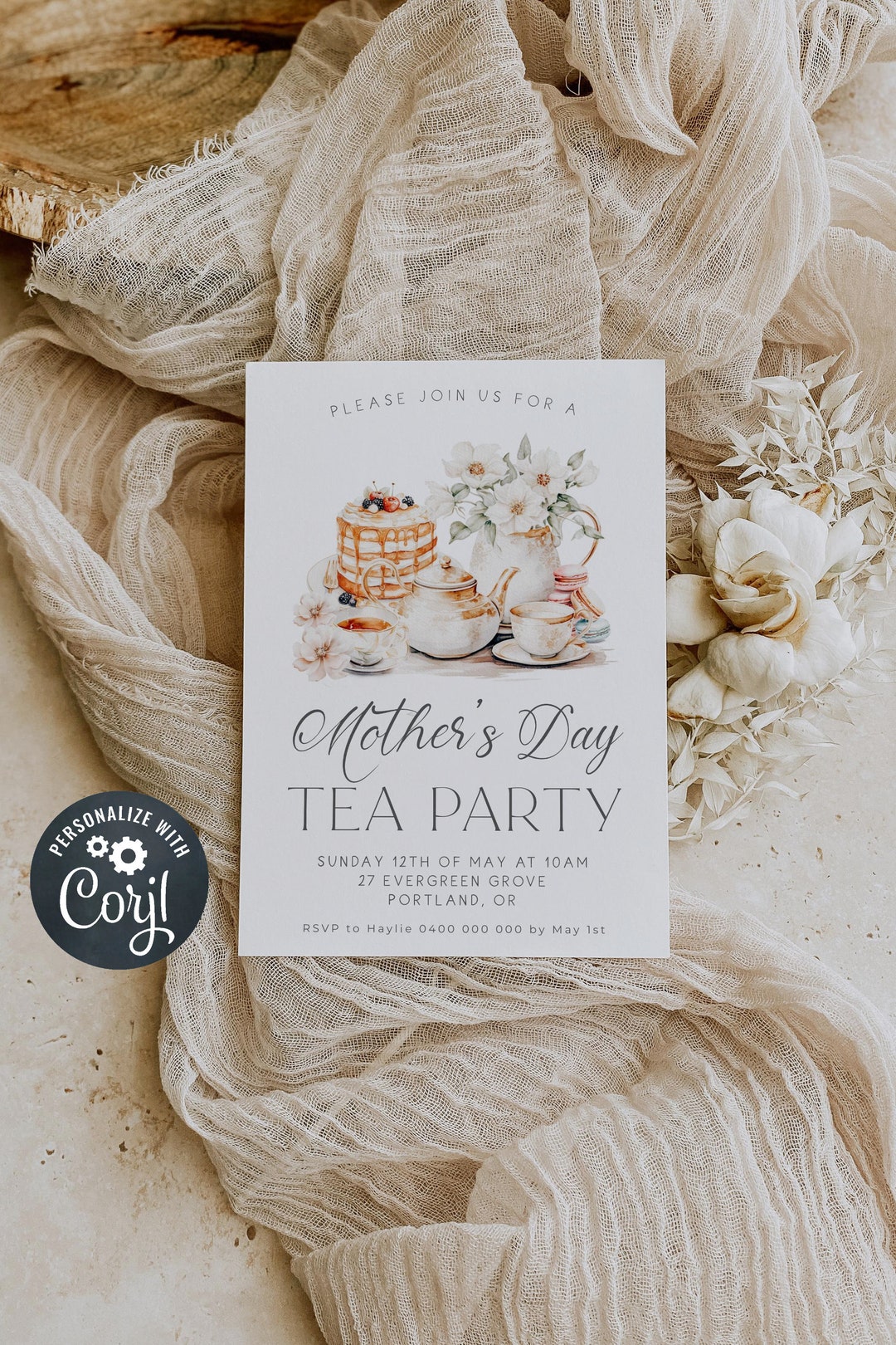 Mother's Day Tea Party Invitation Template, Printable Mothers Day ...