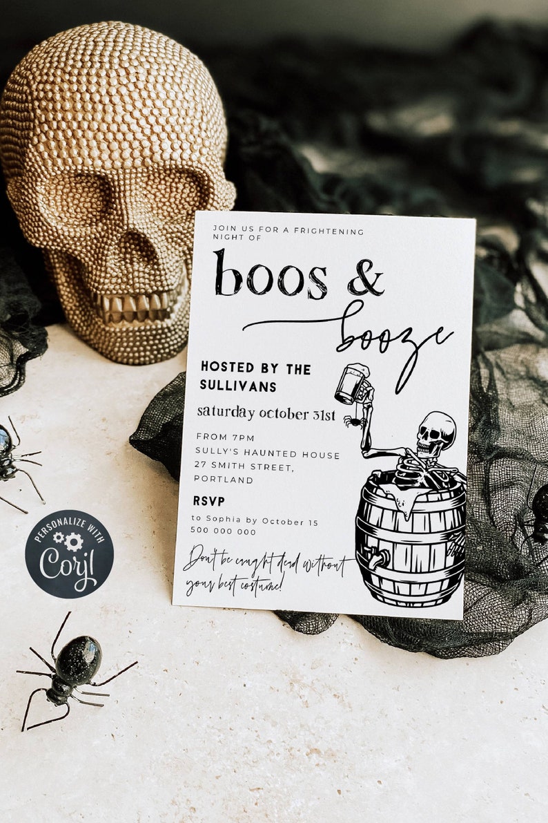 Skeleton Boos & Booze Halloween Party Invitation Template, Editable ...