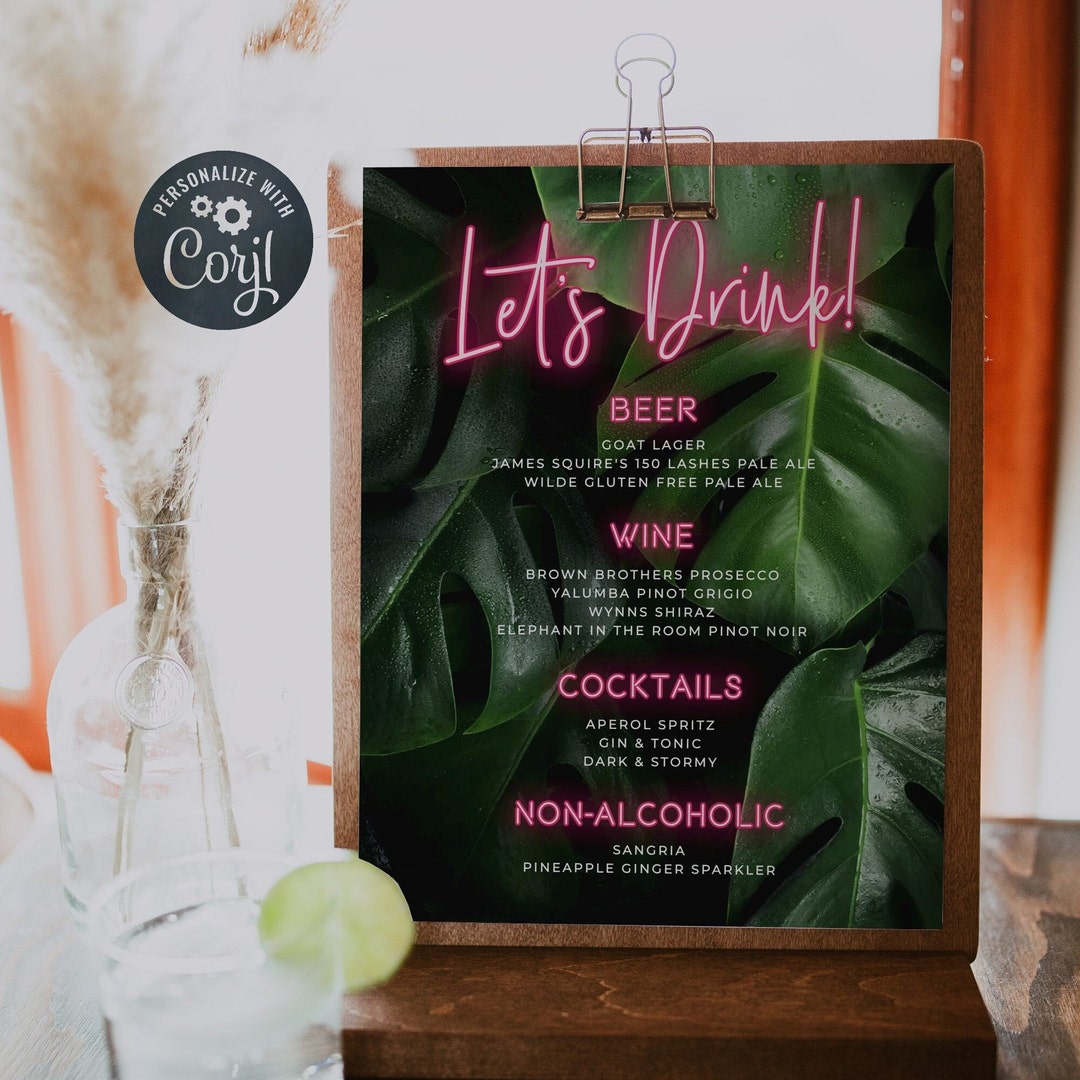 Neon Tropical Bar Menu Template, Printable Beach Destination Wedding ...