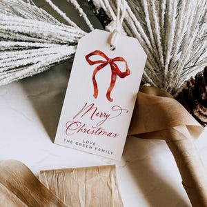 Red Ribbon Christmas Gift Tag Template, Printable Classic Bow Holiday ...