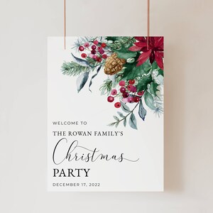 Christmas Party Welcome Sign Template, Printable Modern Floral Holiday ...