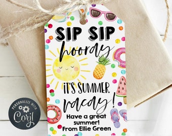 Sip Sip Hooray It's Summer Vacay Gift Tag Template, Printable Teacher ...