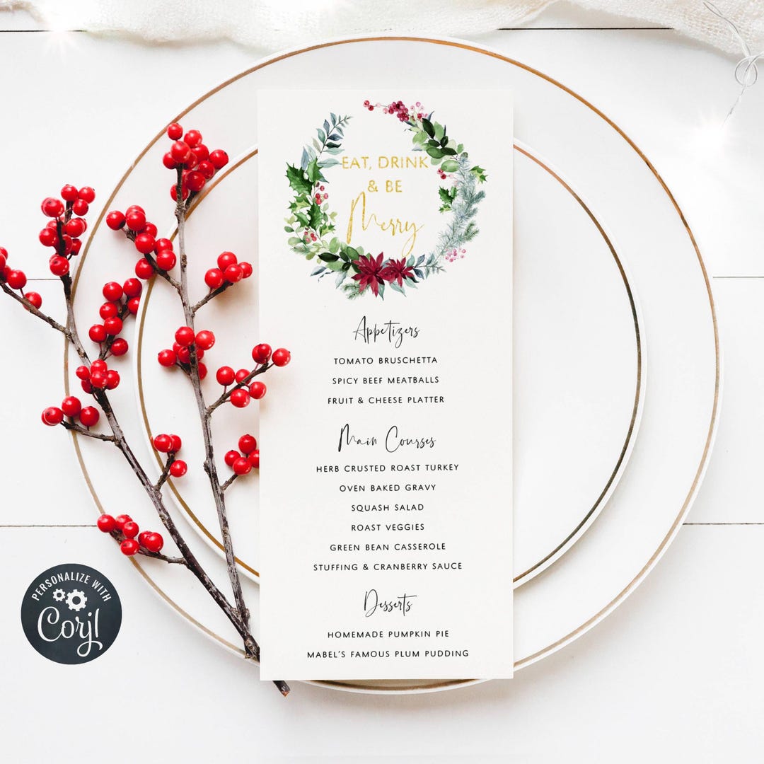 Editable Christmas Menu Template, Holiday Dinner Menu Card, Printable ...