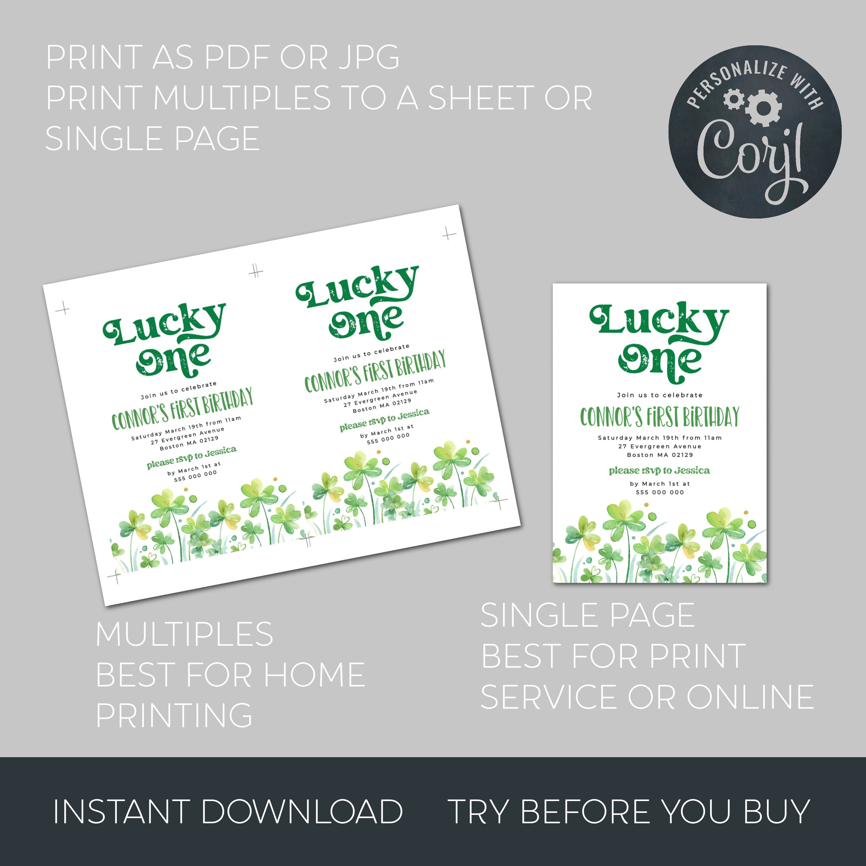 Lucky One Birthday Invitation Template, Printable St. Patrick's Day ...