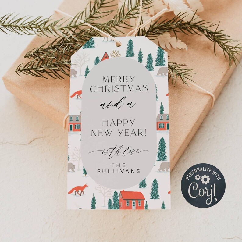 Winter Christmas Favor Tag Template, Printable Holiday Snow Foxes Gift ...