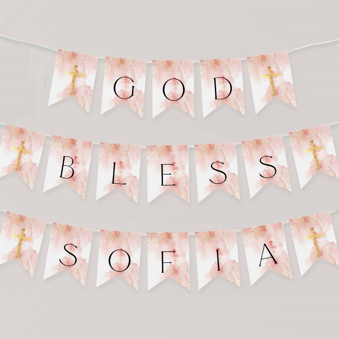 Blush Pink & Gold Baptism Banner Template, Printable Watercolor Bunting ...