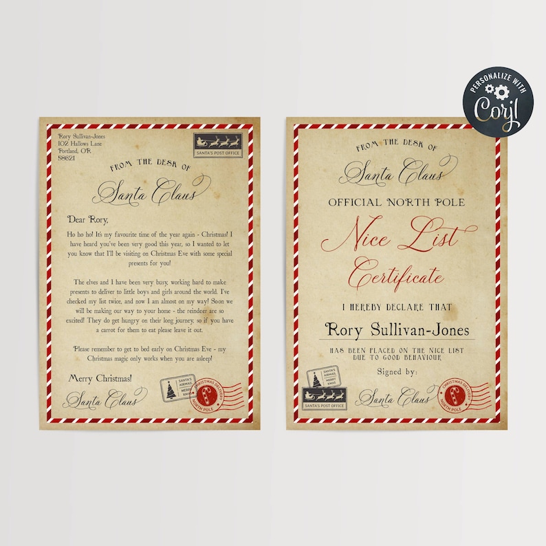 Editable Vintage Santa Letter & Nice List Certificate Template ...