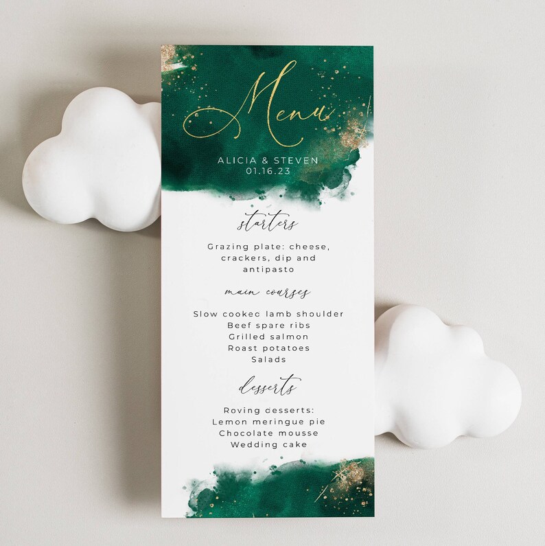 Emerald Watercolor Menu Template Printable Hunter Green & - Etsy