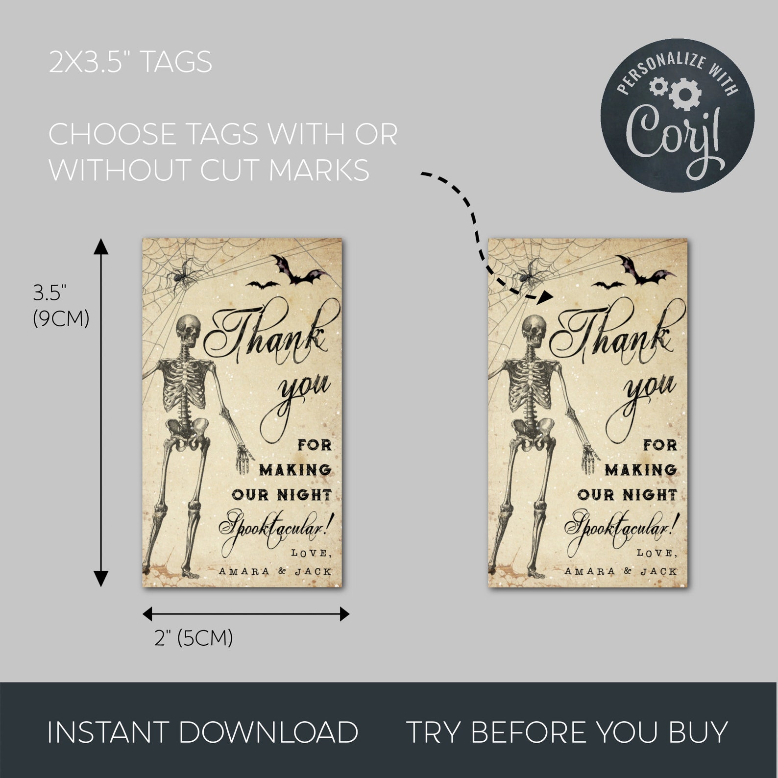 Vintage Skeleton Halloween Party Favor Tag Template, Editable ...