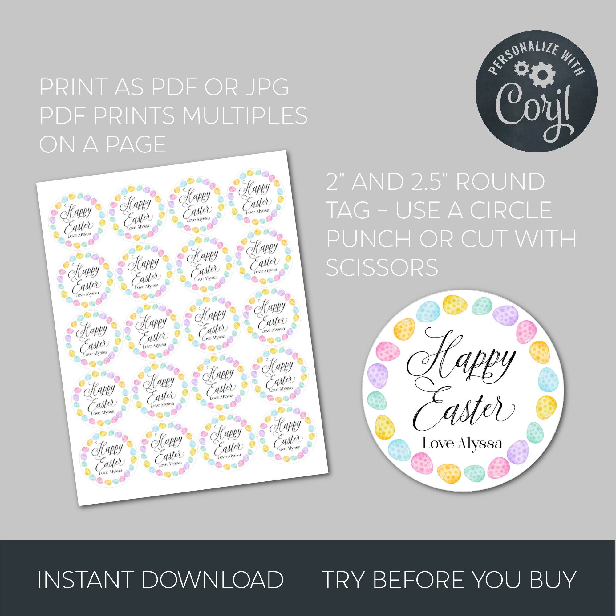 Round Easter Favor Tag Template Printable Easter Egg Wreath | Etsy