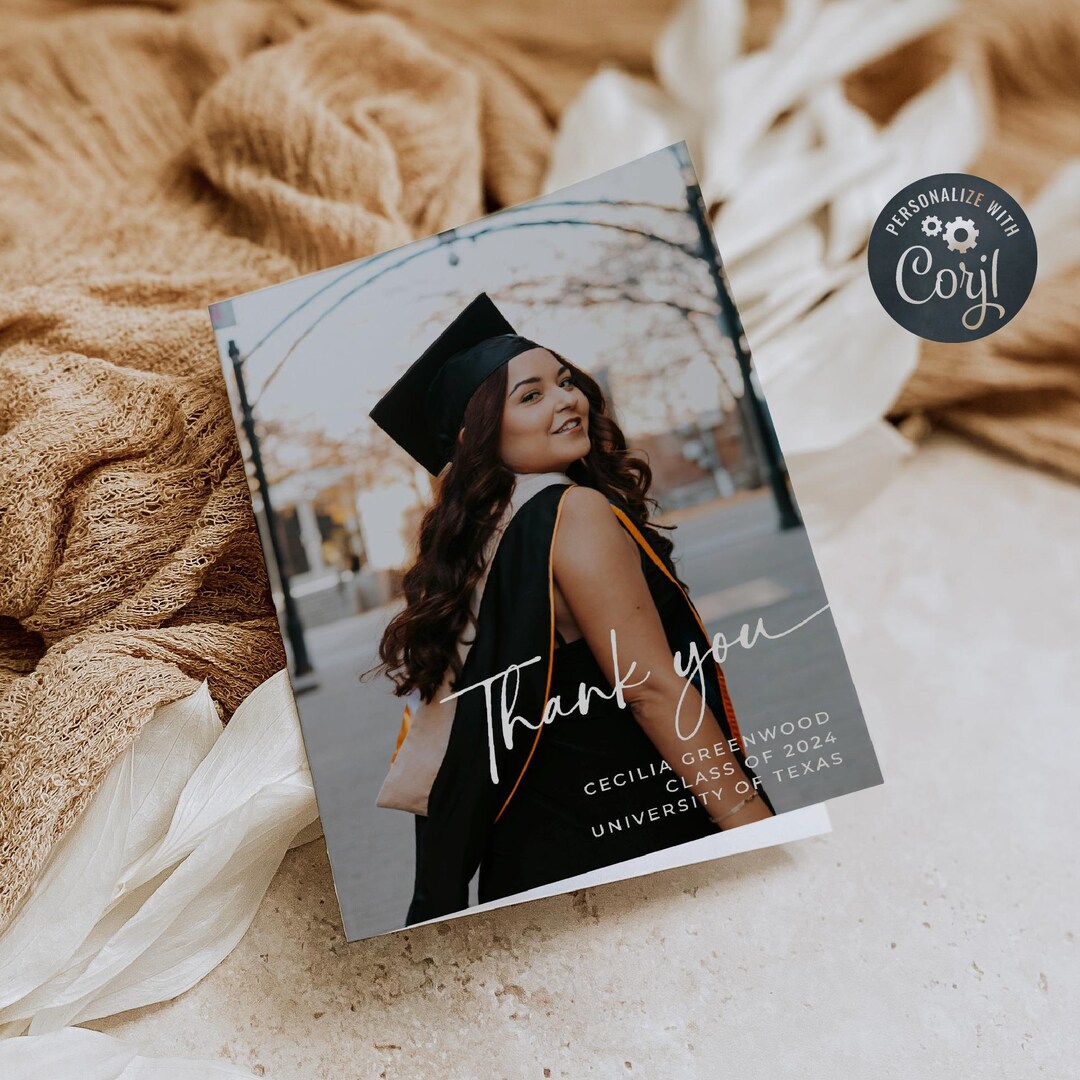 Folded Graduation Photo Thank You Card Template, Printable Modern ...