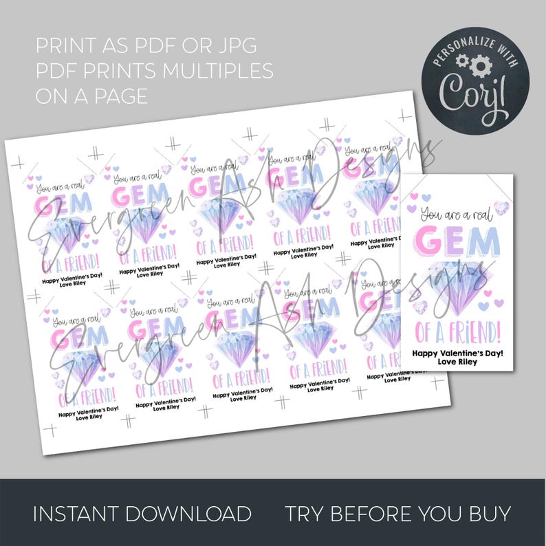 Gem Valentine's Day Gift Tag Template, Printable Ring Pop Valentine ...