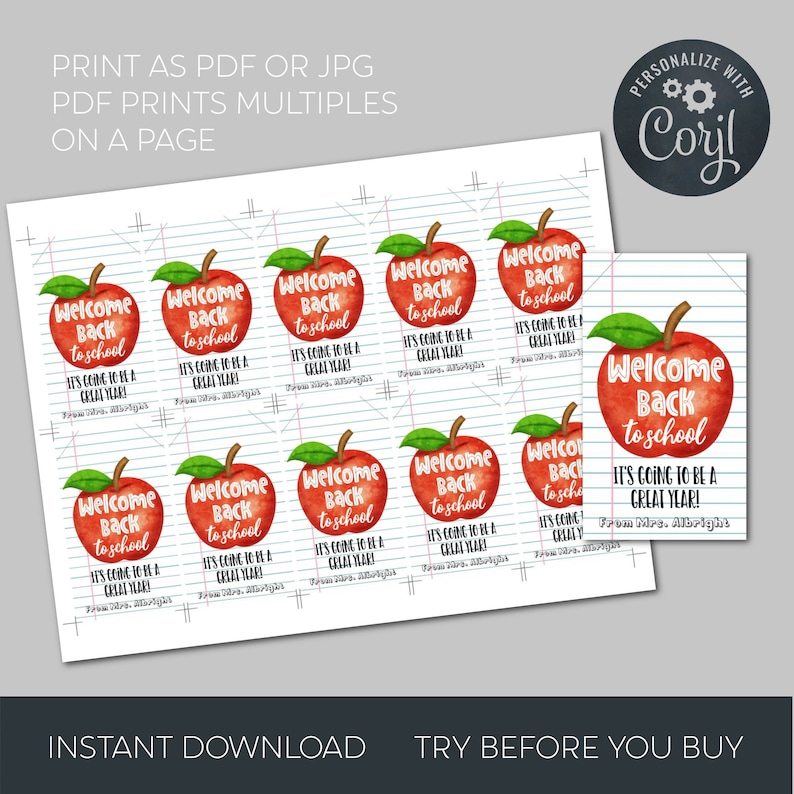 Back to School Gift Tag Template, Printable Apple First Day of School ...