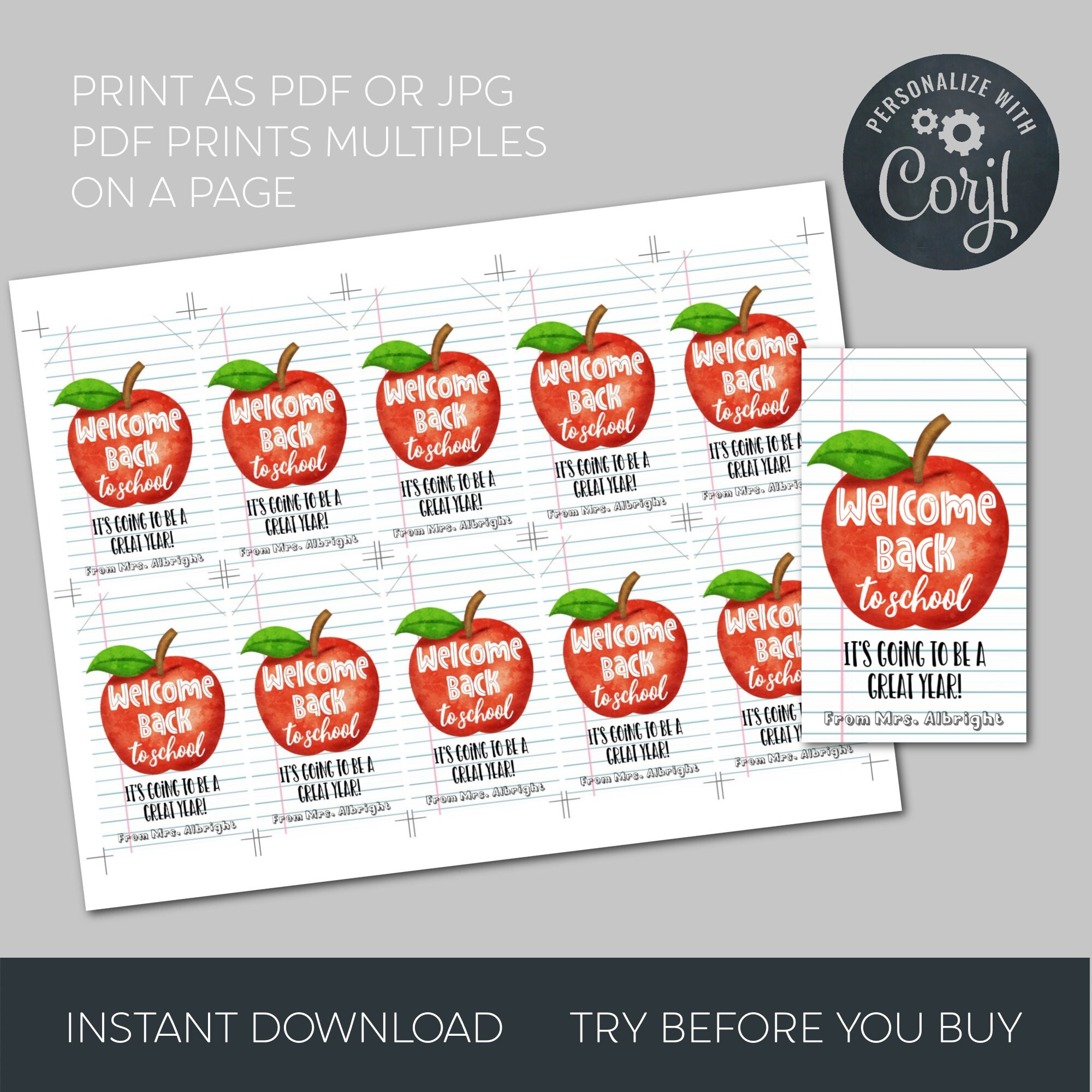 Back to School Gift Tag Template, Printable Apple First Day of School ...