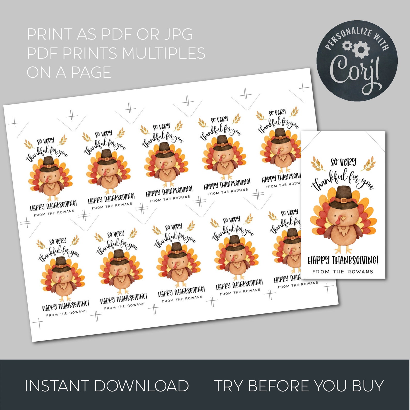 Printable Thanksgiving Gift Tag Template Cute Turkey Favor - Etsy