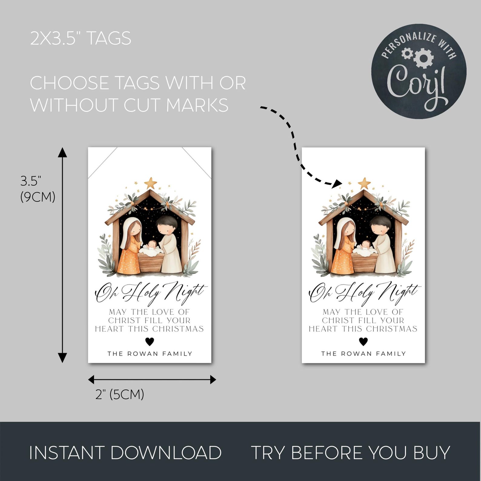 Christmas Nativity Scene Gift Tag Template, Printable Religious Oh Holy ...