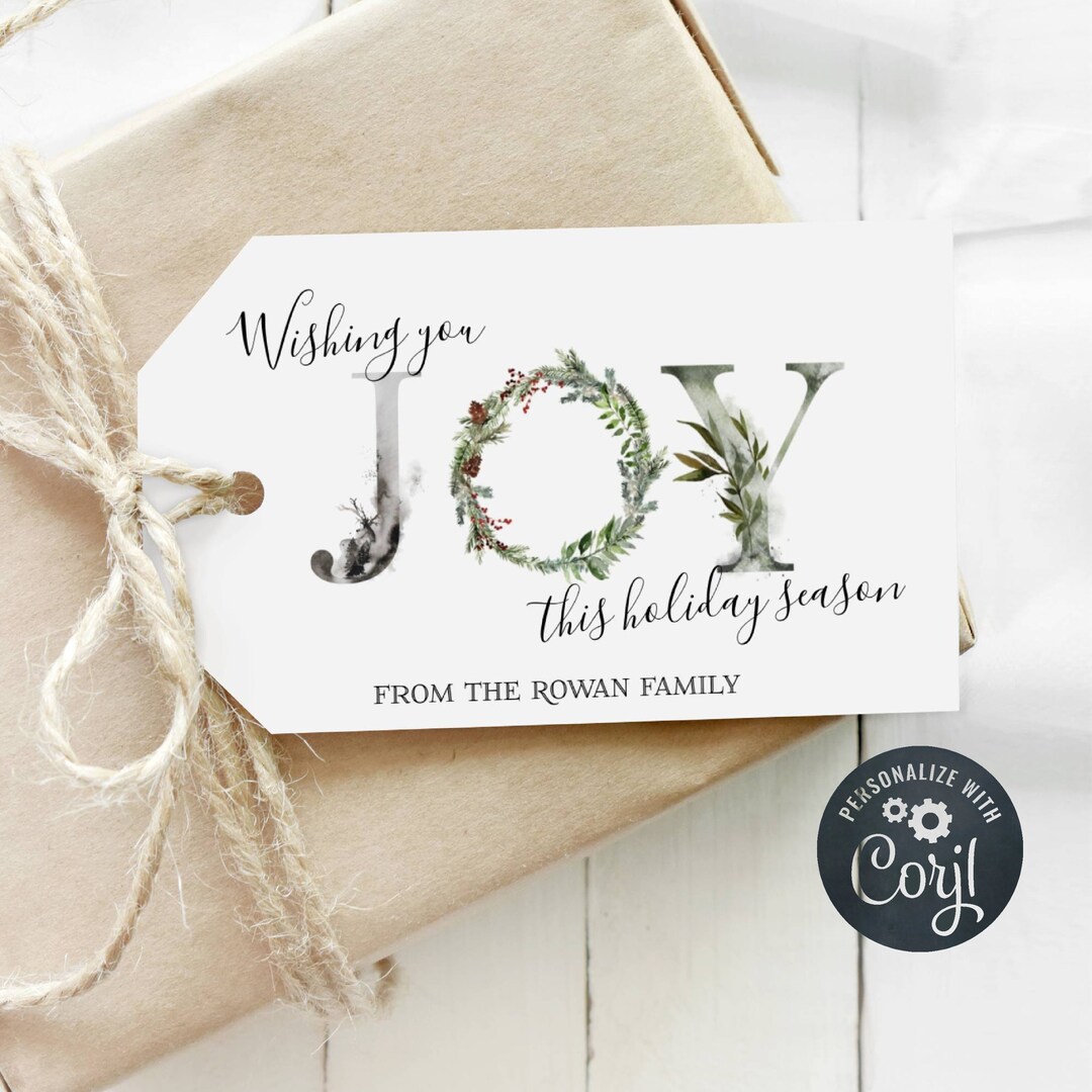 Joy Christmas Gift Tag Template, Printable Holiday Party Favor Tag ...