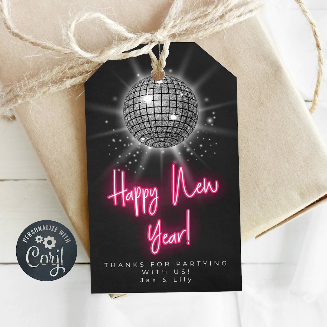 New Year's Eve Gift Tag Template, Printable Disco Ball Neon NYE Favor ...