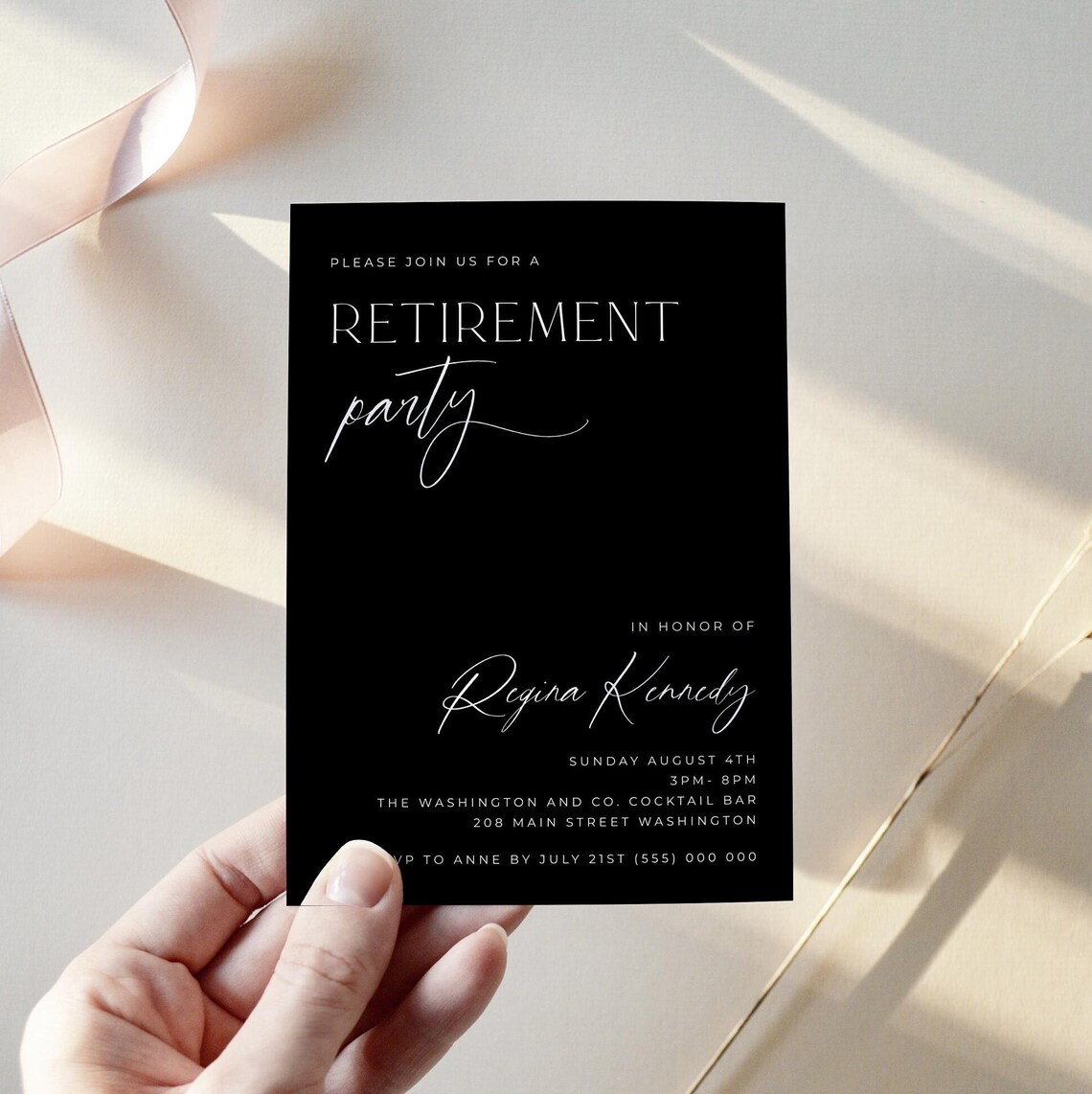 Modern Black Retirement Party Invitation Template, Printable Minimalist ...