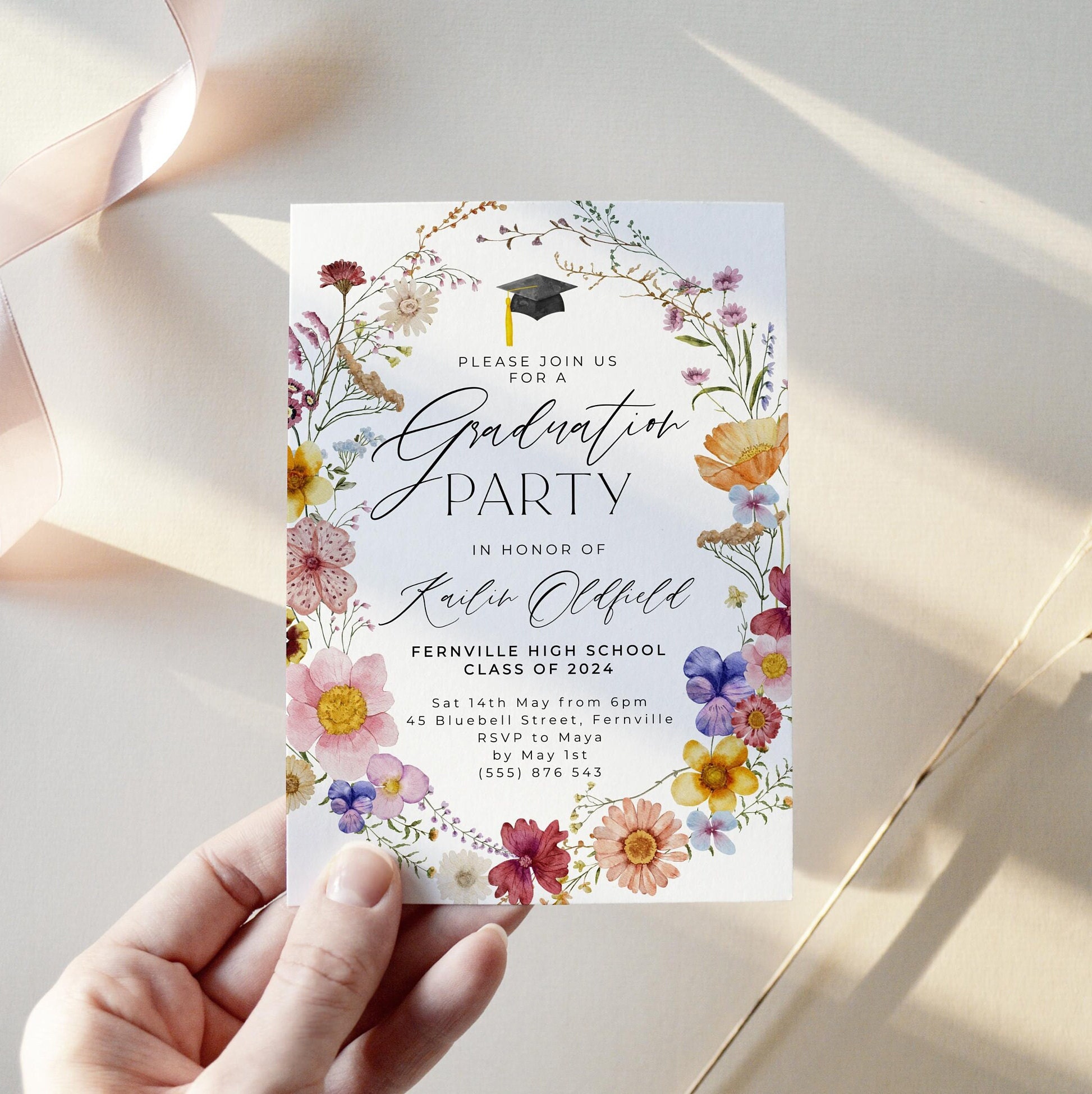 Wildflowers Graduation Invitation Template, Printable Photo Graduate ...