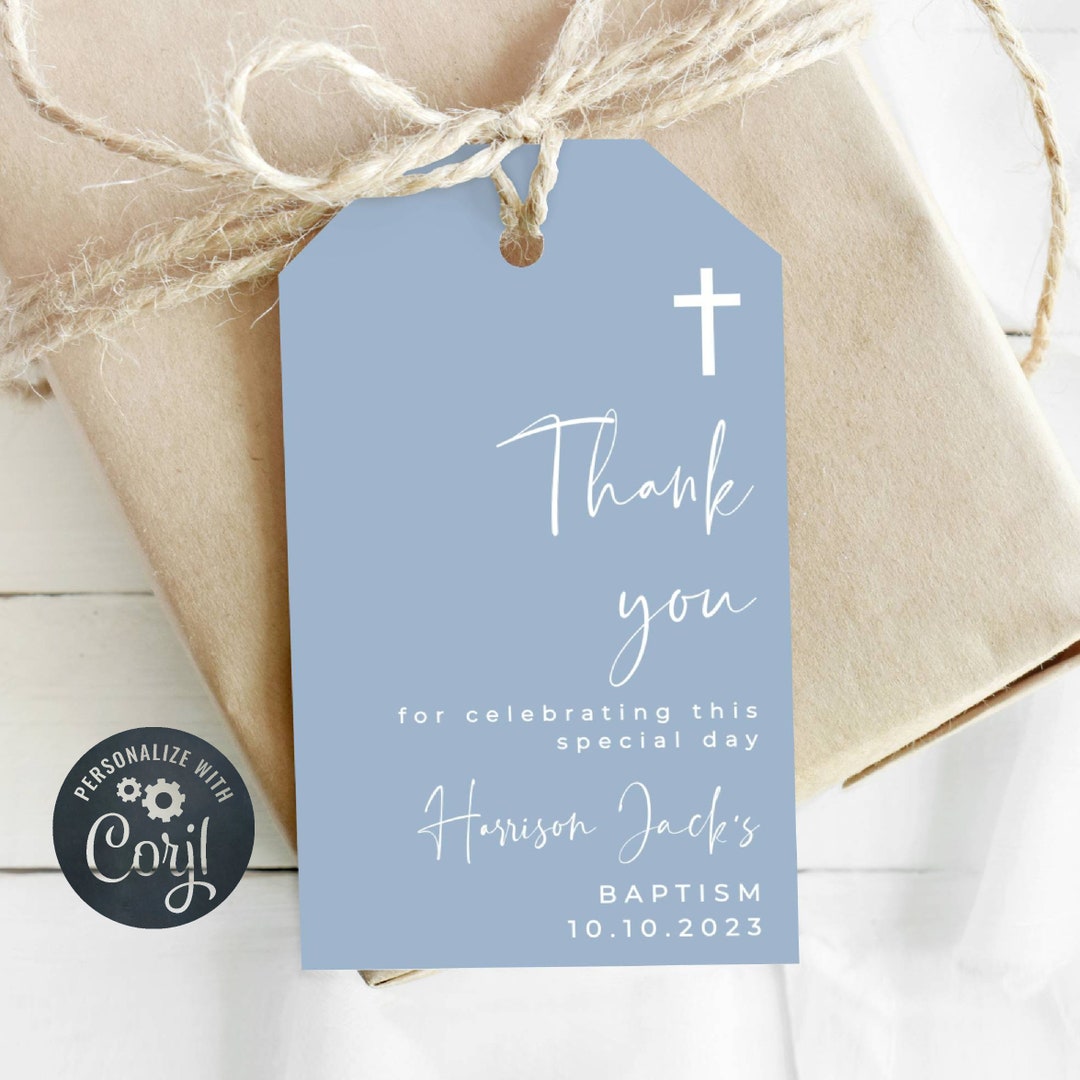 Dusty Blue Modern Baptism Favor Tag Template, Printable Christening ...