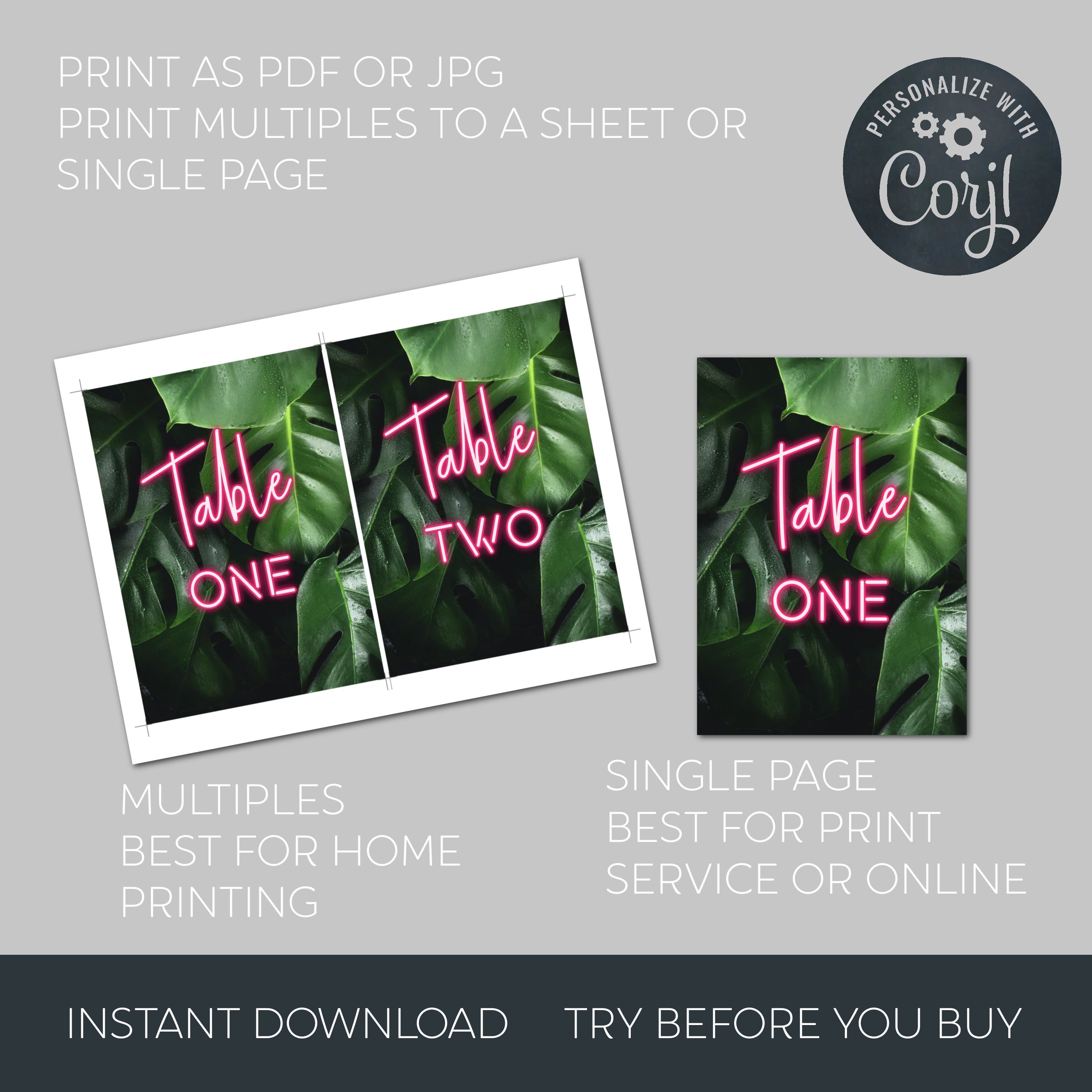 Neon Tropical Table Number Template, Printable Destination Beach ...