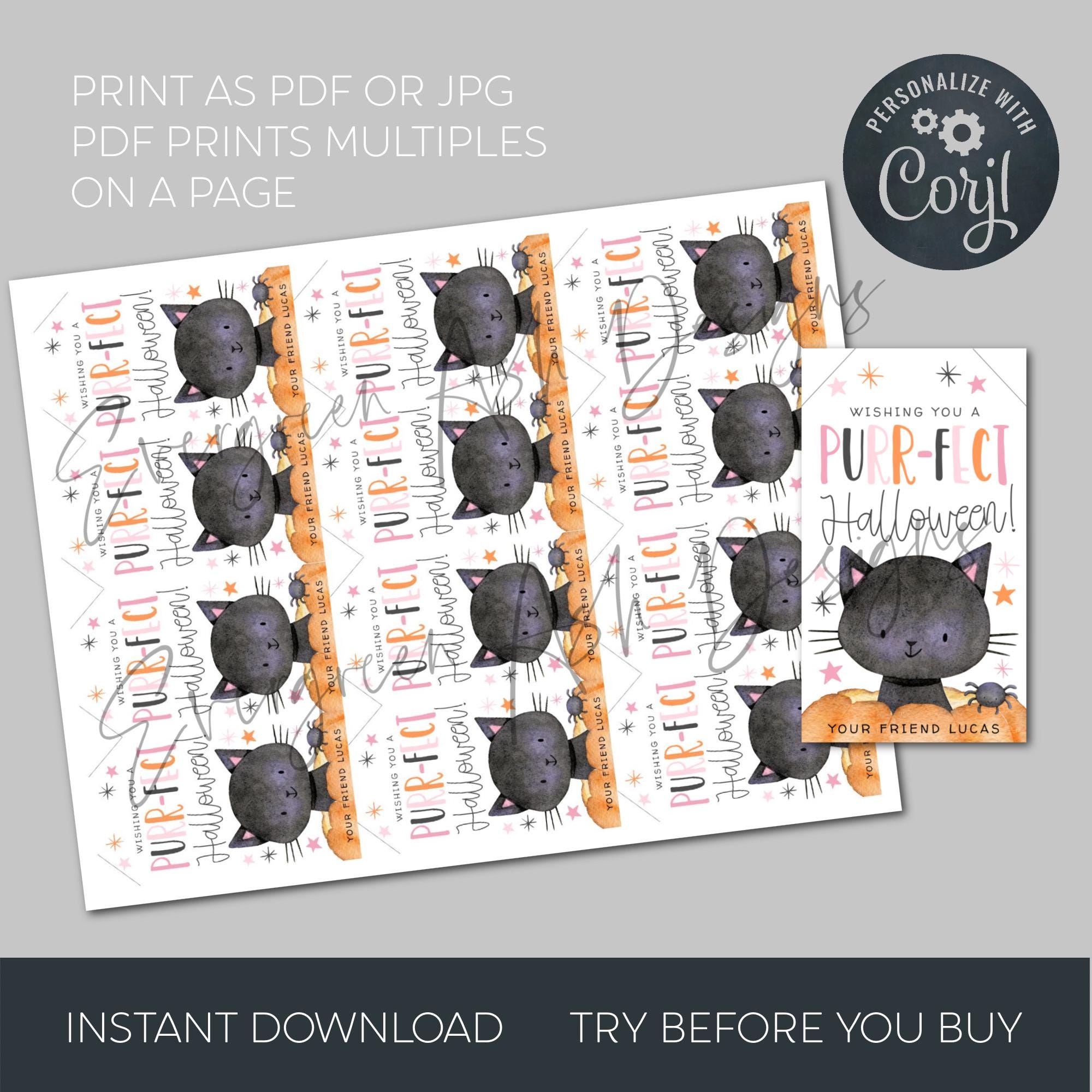 Black Cat Halloween Gift Tag Template, Printable Purr-fect Halloween ...