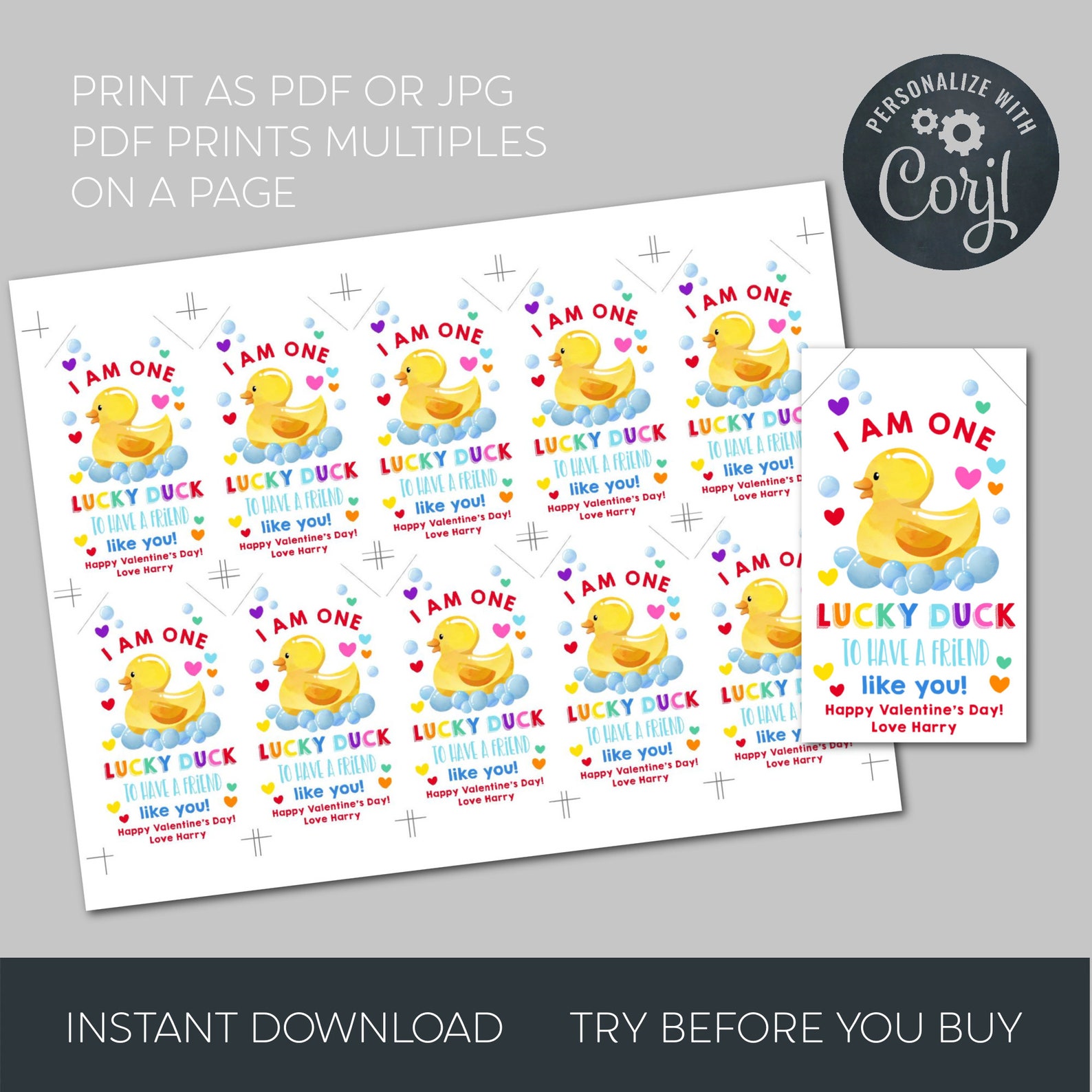 Lucky Duck Valentine's Day Gift Tag Template, Printable Rubber Duck ...