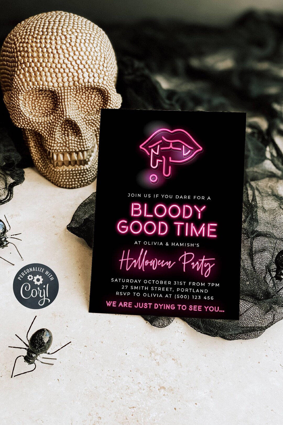 Neon Bloody Good Time Halloween Invitation Template, Printable Modern ...