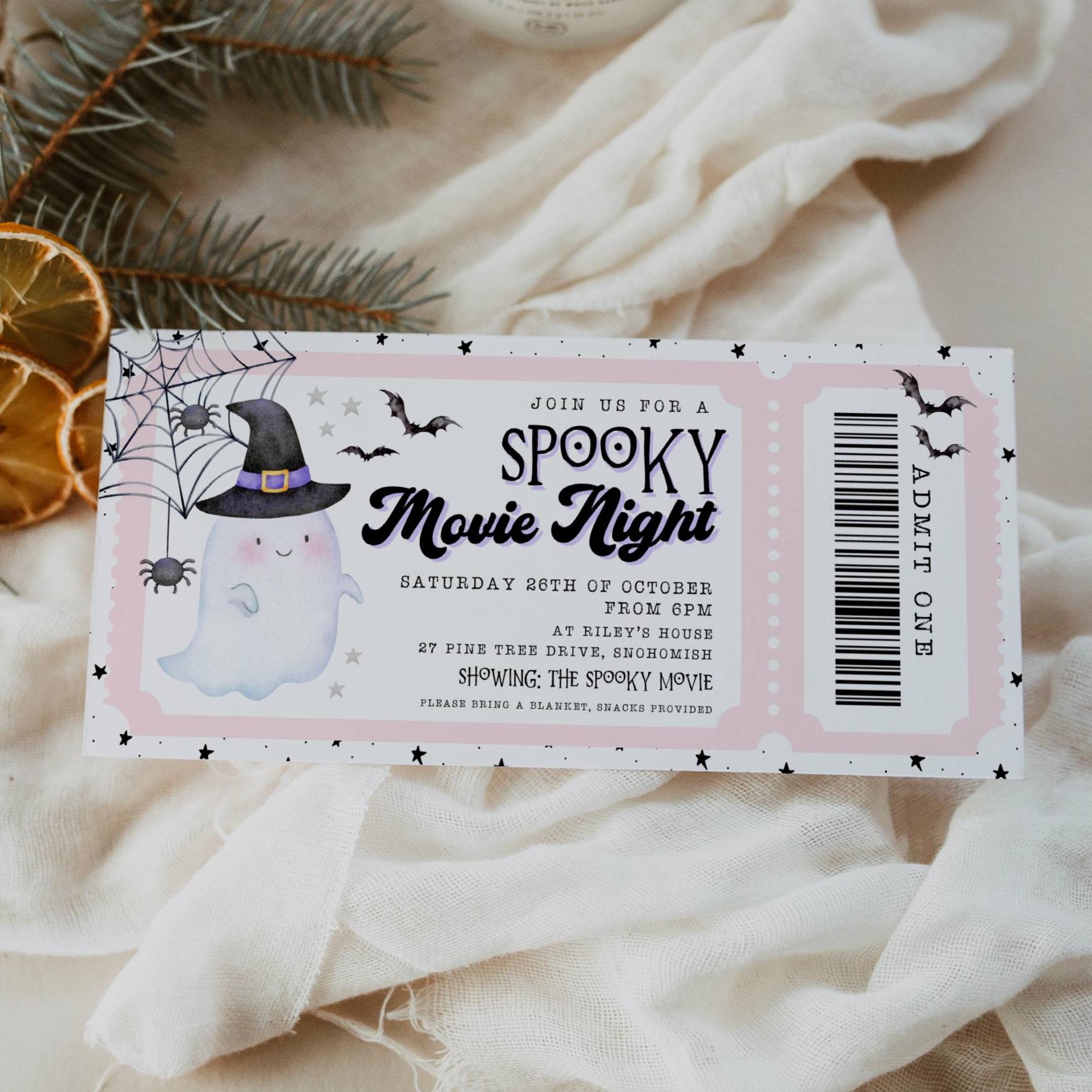 Halloween Spooky Movie Night Ticket Invitation Template, Printable Cute ...
