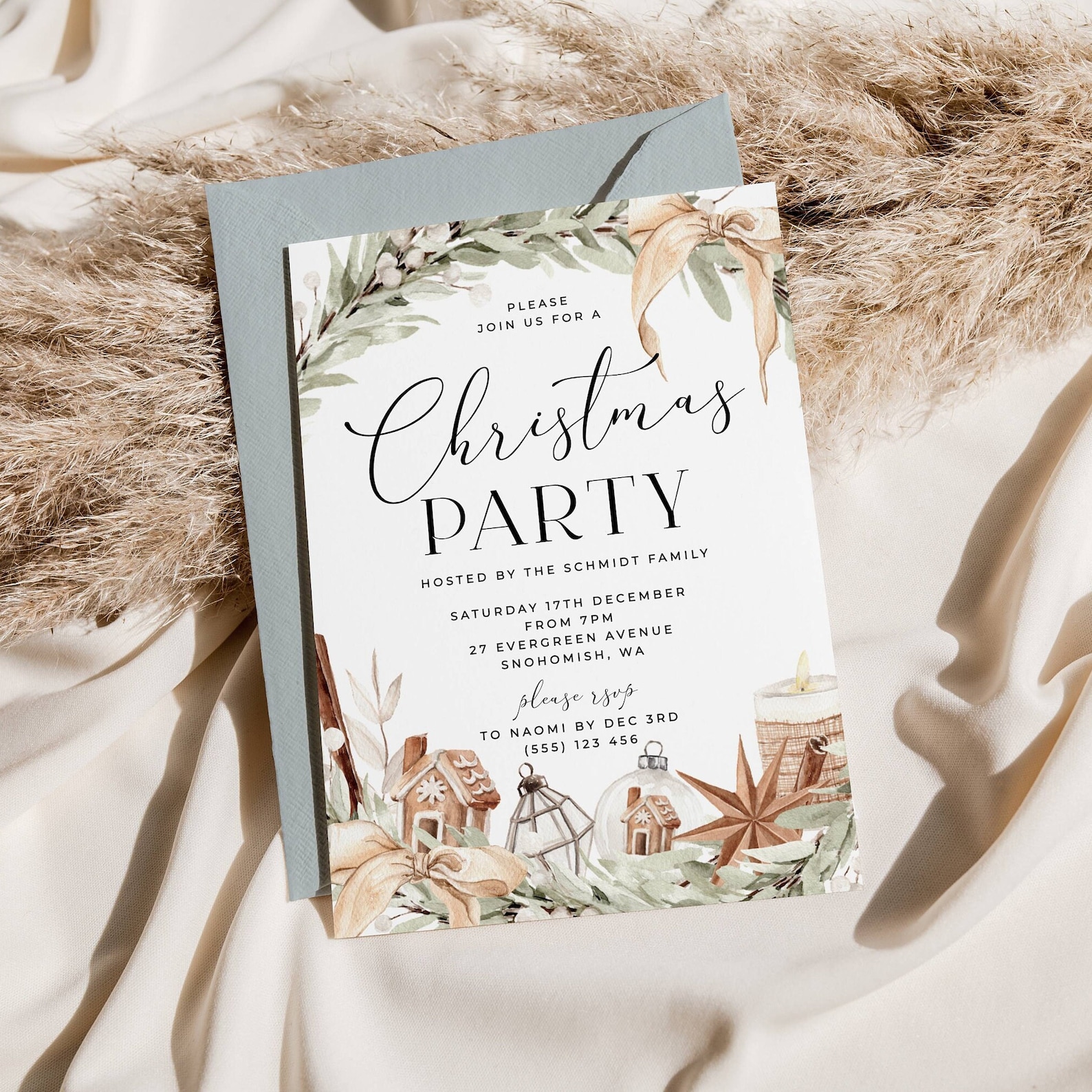 Modern Boho Christmas Party Invitation Template, Printable Holiday ...