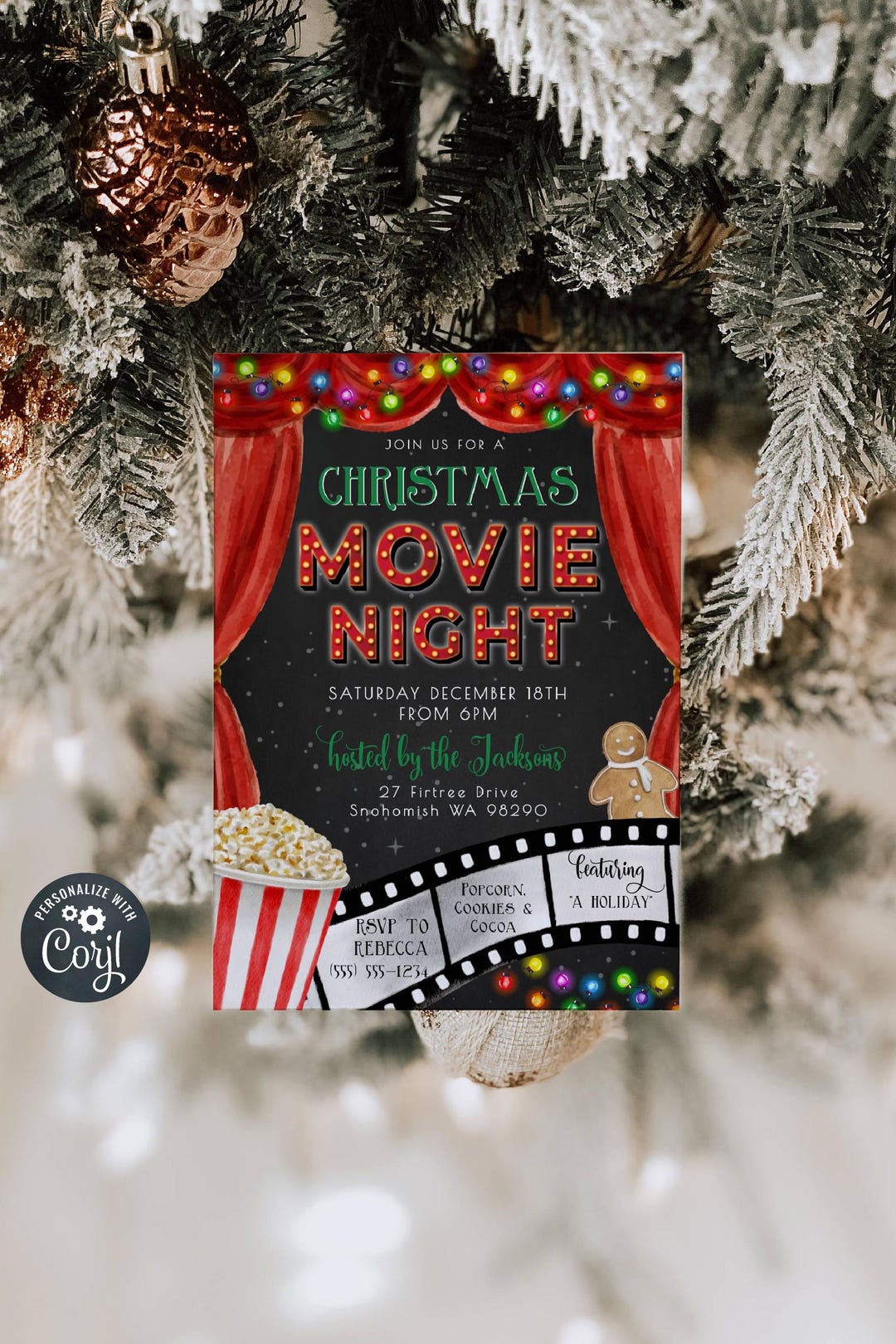 Christmas Movie Night Invitation Template, Printable Holiday Film Night ...