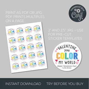 Rainbow Valentine's Day Round Gift Tag Template, Printable You Color My ...