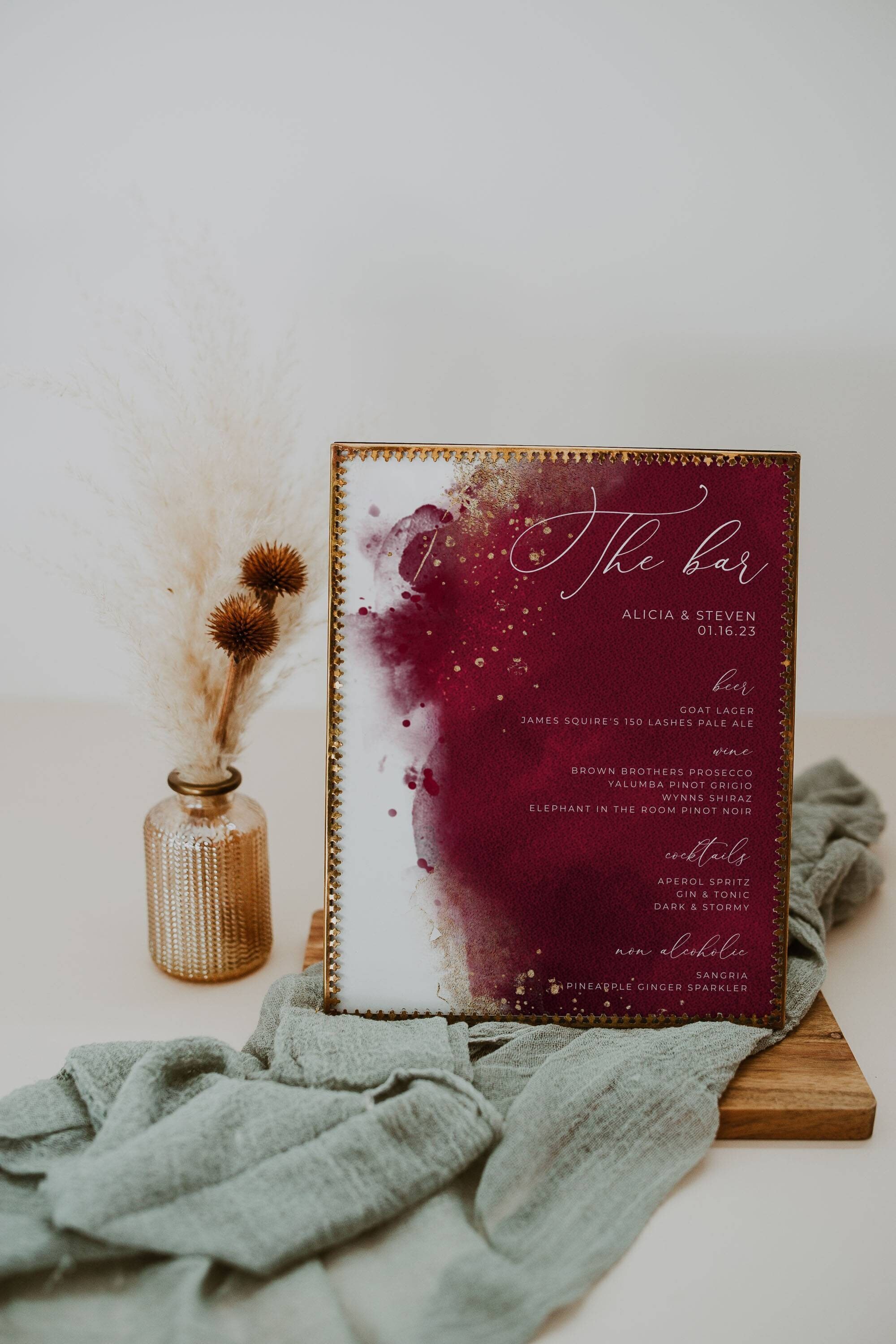 Burgundy Watercolor Bar Menu Template Printable Maroon & Gold - Etsy