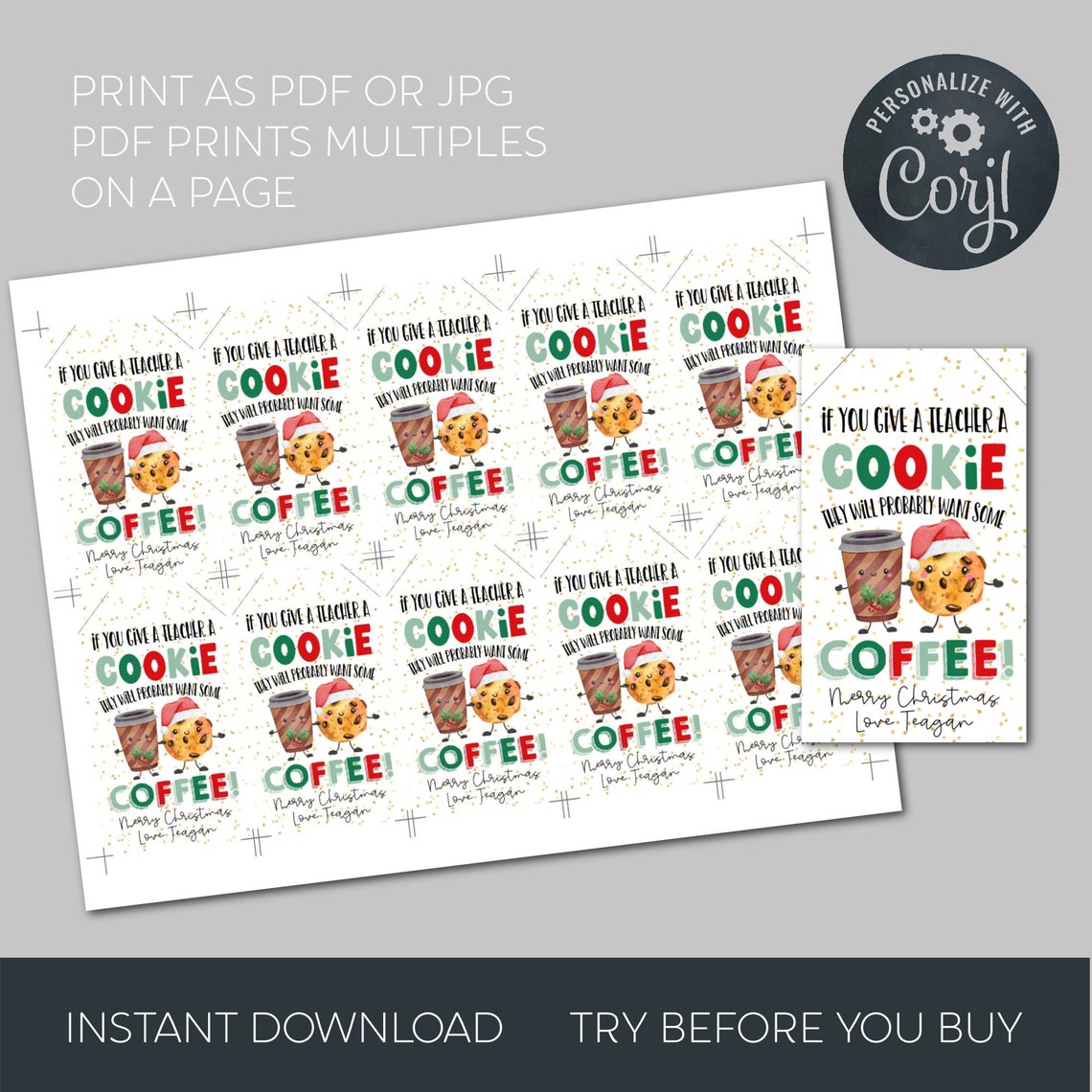 Christmas Teacher Cookie Gift Tag Template, Printable Teacher ...