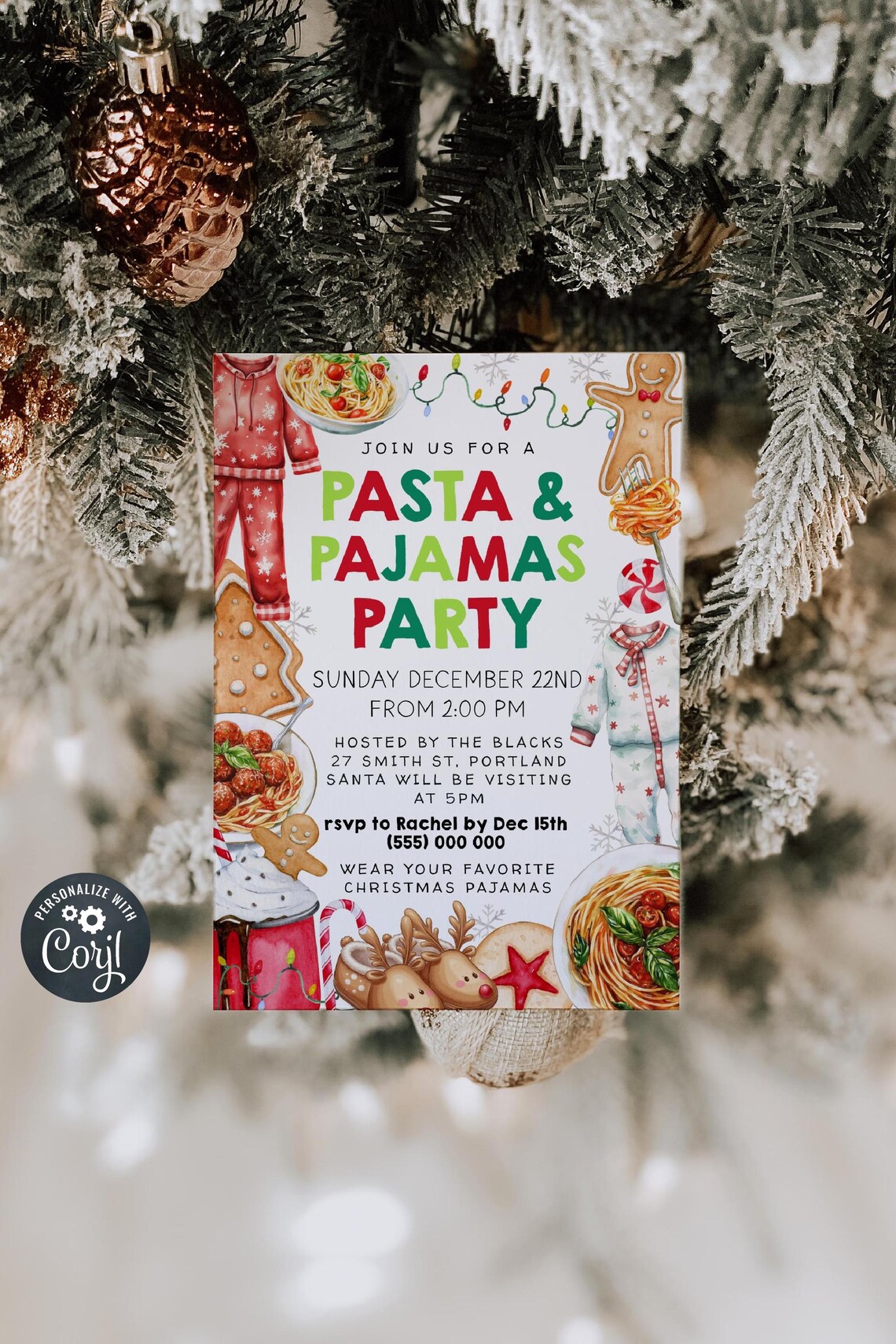 Pasta & Pajamas Christmas Invitation Template, Printable Holiday ...