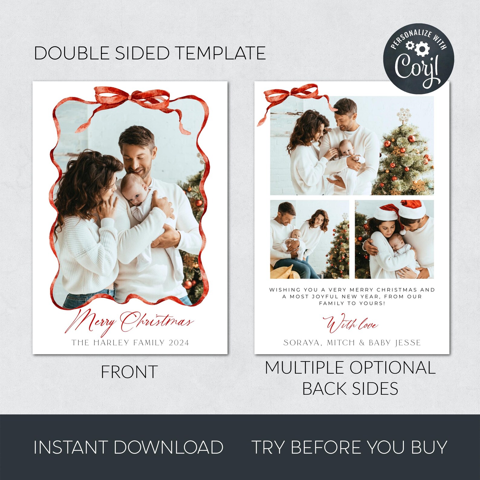 Red Bow Holiday Card Template, Printable Family Photo Christmas Card ...