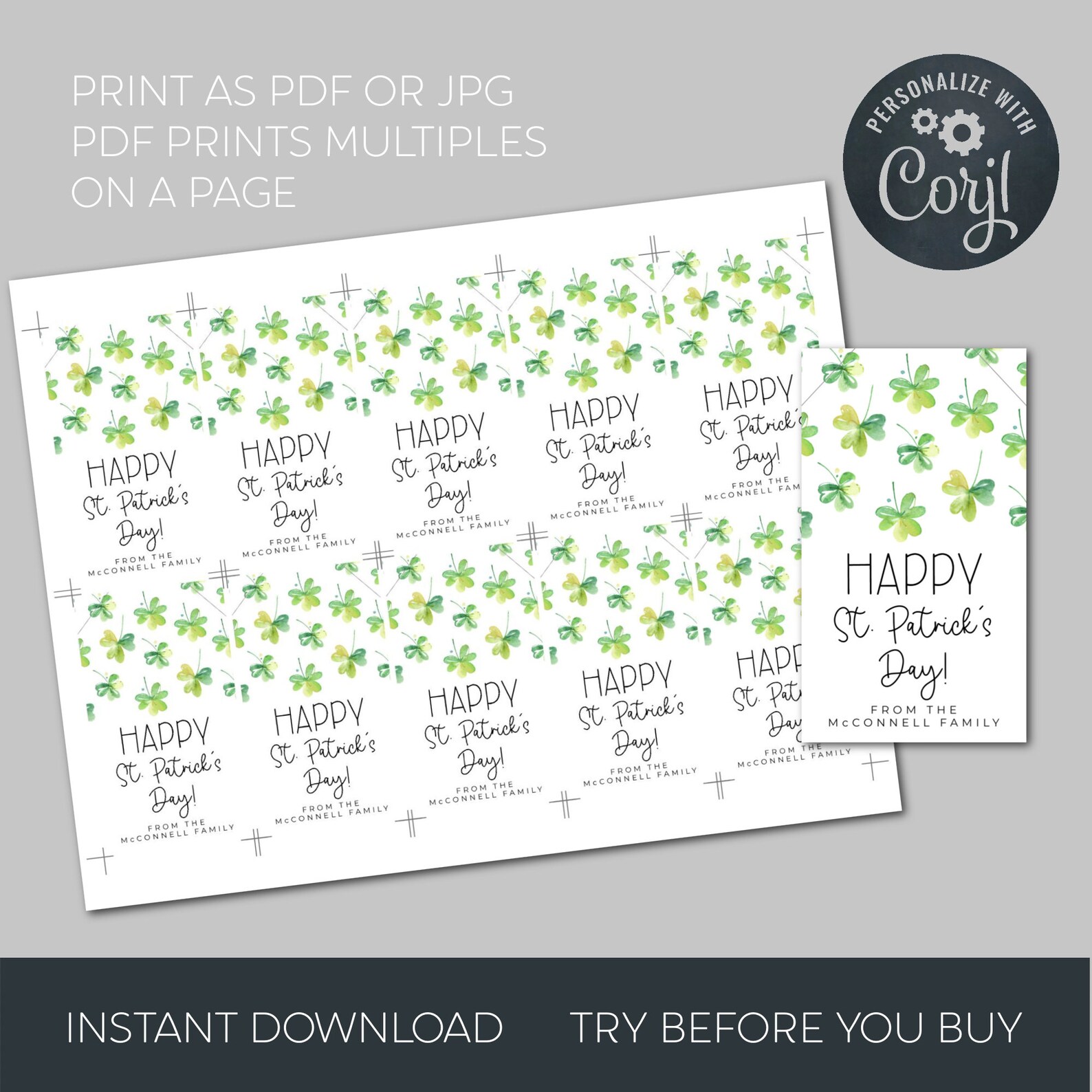St. Patrick's Day Shamrocks Gift Tag Template, Printable Clover Favor ...