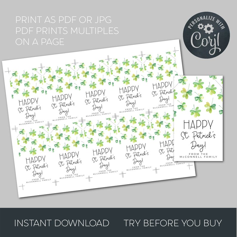 St. Patrick's Day Shamrocks Gift Tag Template, Printable Clover Favor ...