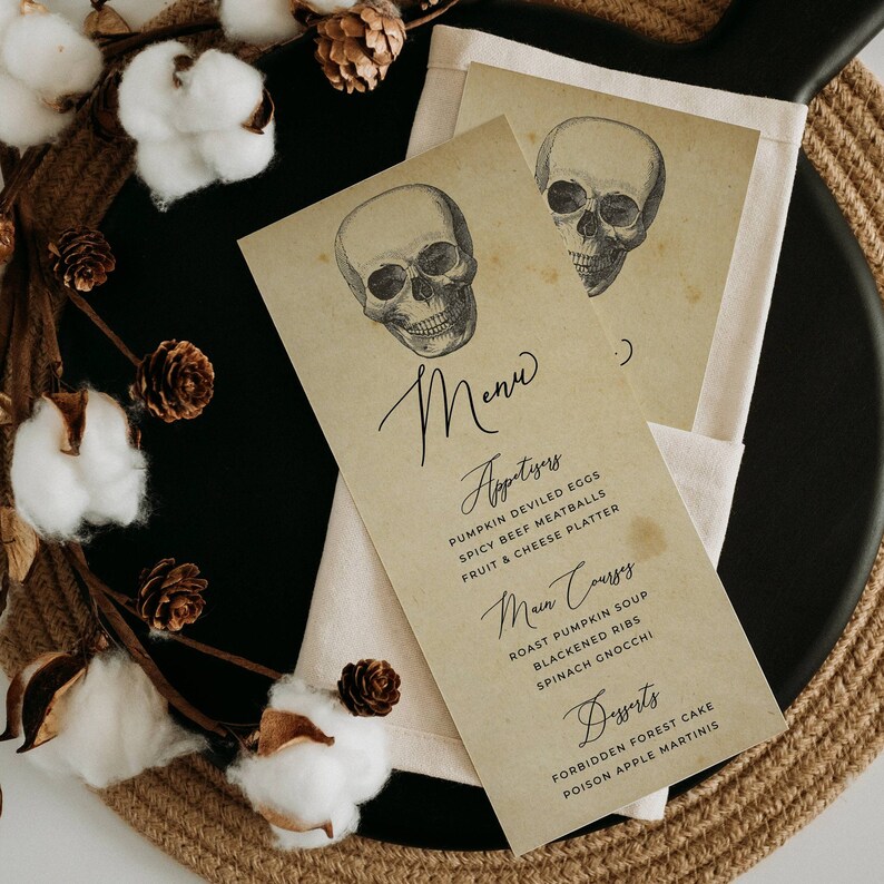 Halloween Vintage Skull Menu Template Printable Spooky Dinner - Etsy