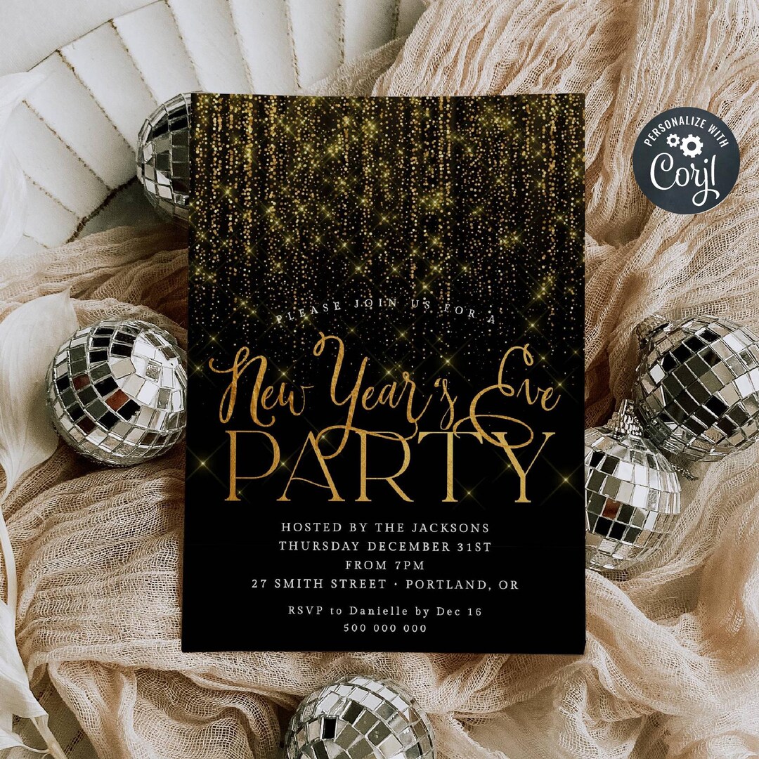 New Year's Eve Party Invitation Template, Printable Gold Lights ...