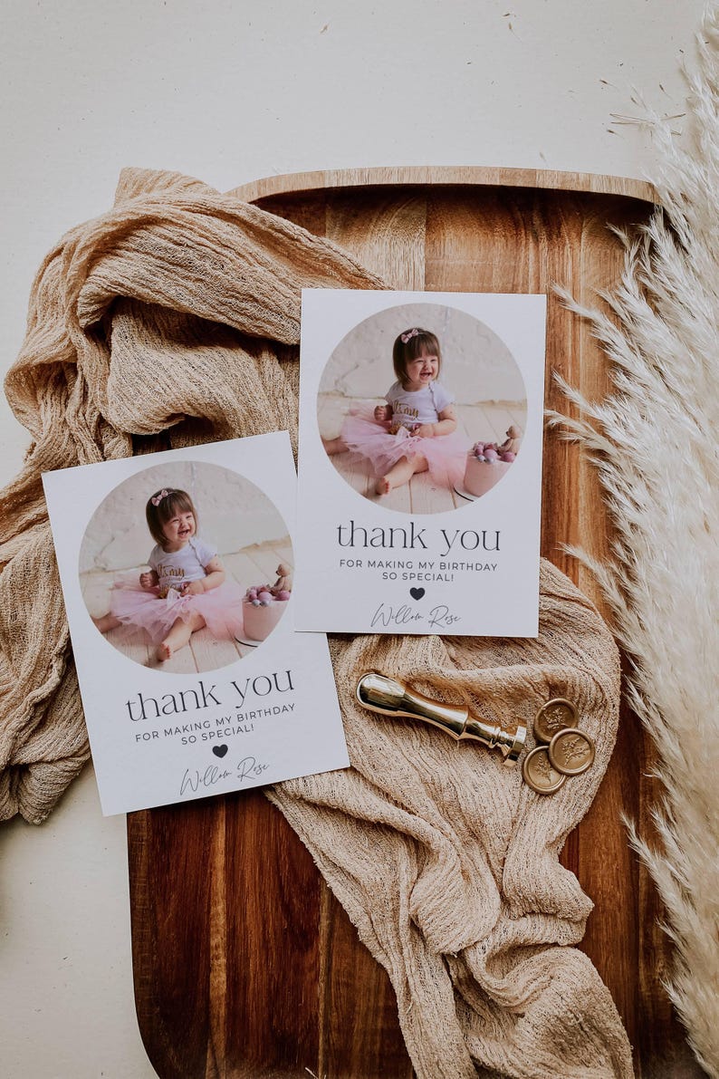 Editable Birthday Round Photo Thank You Card Template, Printable First ...