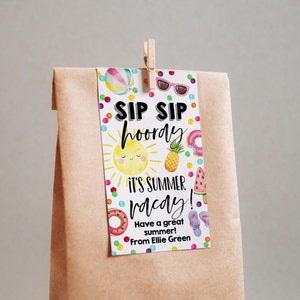 Sip Sip Hooray It's Summer Vacay Gift Tag Template, Printable Teacher ...