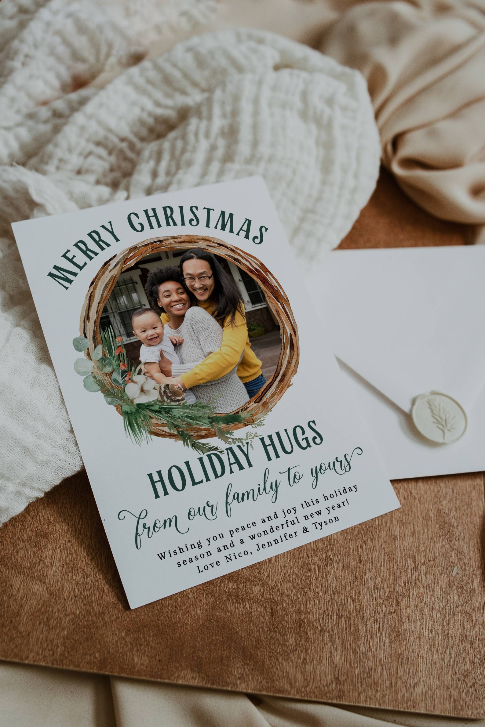 Holiday Hugs Wreath Photo Holiday Card Template, Printable Modern ...