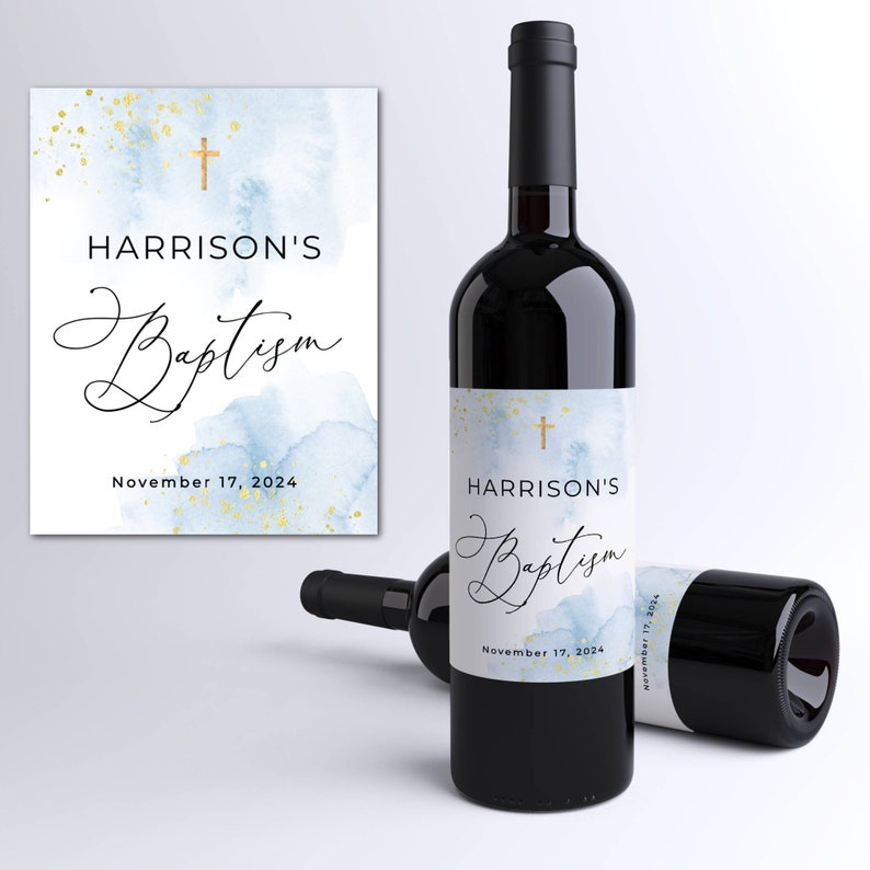 Blue & Gold Baptism Wine Bottle Label Template Printable - Etsy